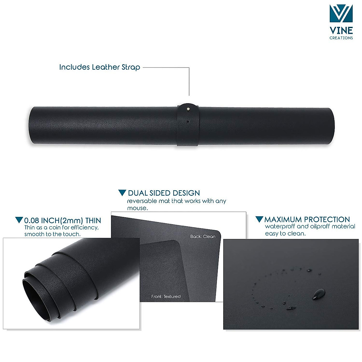 Vine Creations Leather Desk Mat Large 44" x 22", Desk Protector Mat, PU Leather Desk Pad, Large Mouse Pad, Desk Blotter, Desk Pads on Top of Desks, Desk Matt for Desktop, Office Desk Mat (Black)