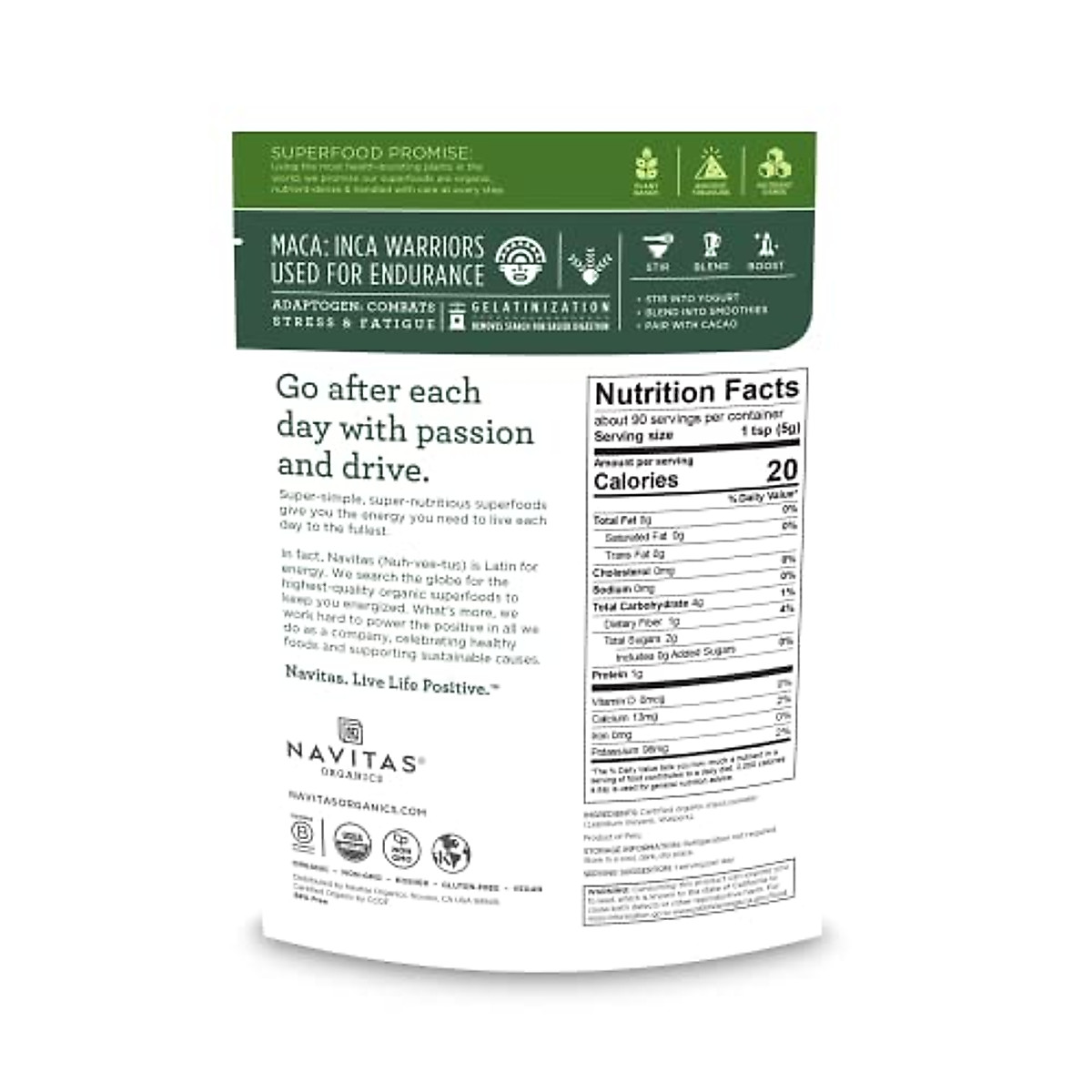 Navitas Organics Maca Gelatinized Powder, 16 oz. Bag, 90 Servings — Organic, Non-GMO, Glluten-Free (Pack of 1)