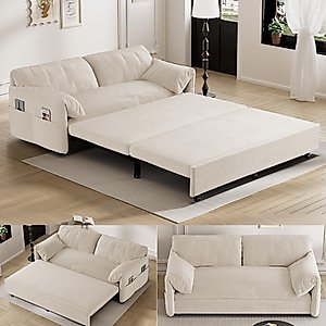 ONEMMLION 63.8" Queen Pull Out Couch Sofa Bed, 3 in 1 Convertible Sleeper Sofa with Side Storage, Velvet Loveseat Futon Comfy Cloud Couches for Living Room, Apartment, Small Space, Beige