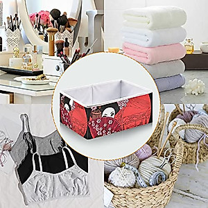 Japanese Woman Girl Hairstyle Cherry Blossoms Mount Fuji Red Style Rectangular Storage Basket Bin, Collapsible Storage Box, Foldable Nursery Baskets Organizer for Toy, Clothes Easy to Assemble
