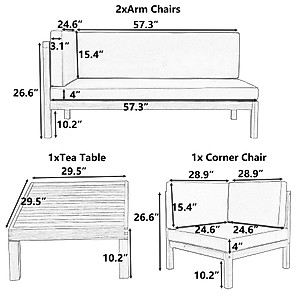 EMKK 4 Pcs Outdoor Furniture Sectional PE Rattan Wicker Patio Conversation Cushions and Table X-Back Sofa Set, Lshaped Brown+Gray
