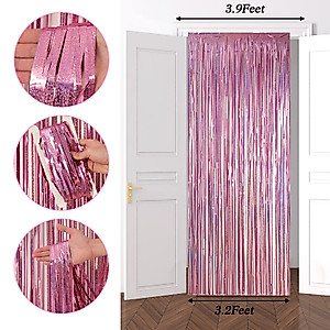 RUBFAC Pink Tinsel Backdrop for Pink Party Decorations, Pink Foil Fringe Curtain, 6.4x8 Feet, Pack of 2, Pink Streamers Decorations for Princess Birthday Bachelorette Wedding