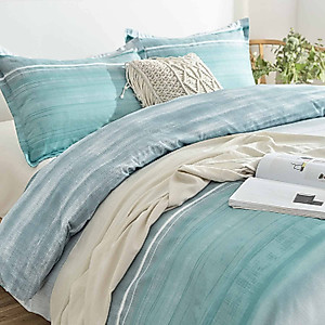 ETDIFFE Teal Duvet Cover King Size, 3pc Modern Grey and Blue Gradient Striped Microfiber Comforter Cover Set, Farmhouse Soft and Lightweight Abstract Ombre Pattern Quilt Cover (90x104) for Women Teen