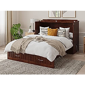 AFI Southampton Full Murphy Bed Chest with Mattress, Storage, and Built-in Charger in Walnut
