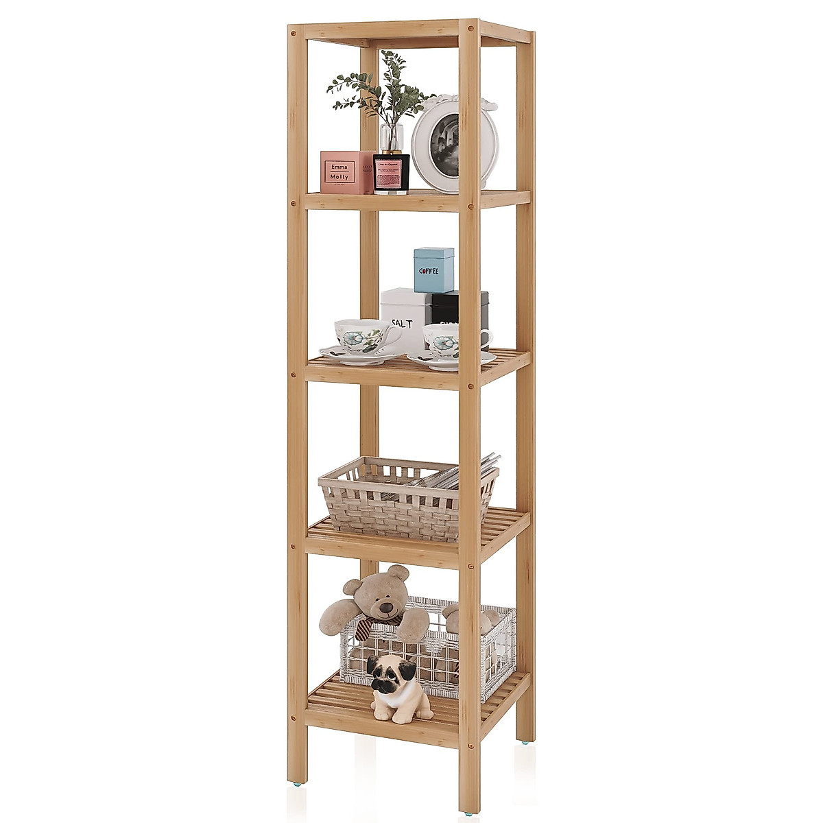 SMIBUY Bathroom Storage Shelf, 5-Tier Bamboo Rack Organizer, Multifunctional Shelving Unit for Living Room Bedroom Kitchen (Natural)
