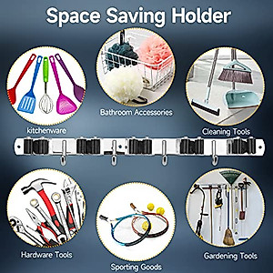 Kozci Mop and Broom Holder Wall Mount, Non-Slip Broom Organizer Wall Mount Self Adhesive Broom Hanger with 5 Racks 4 Hooks Stainless Steel Tools Rack Broom Storage Organizer for Kitchen Garden Garage