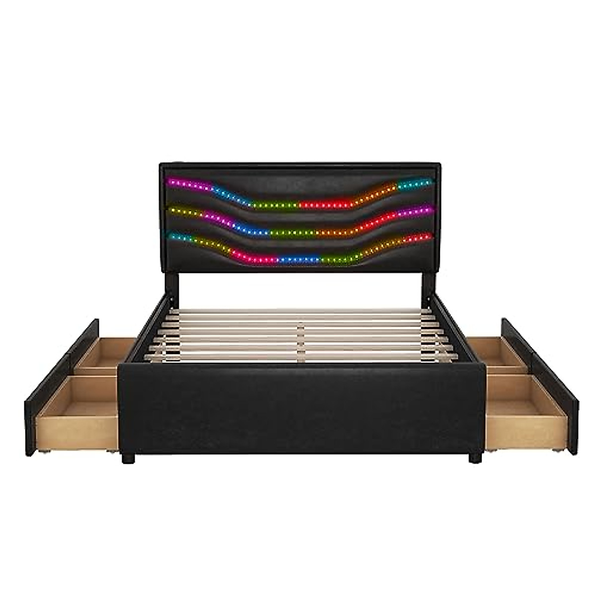 YSWH Queen Size Upholstered Platform Bed, Wood Storage Bed Frame with 4 Drawers, Headboard with LED Lights Strips and USB Charging, Kids Adults Bedroom Furniture Versatility Bed (Black)