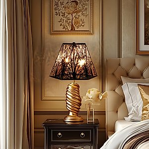 Medium Modern Style Lamp Shades with Multiple Sides, ALUCSET Metal Lampshade with Pattern of Trees for Table Lamp and Floor Light, 7 x 13.8 x 9.5 Inch, Spider (Black/Gold)