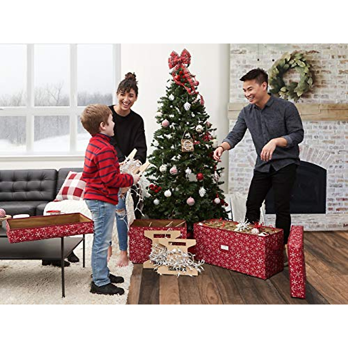 Covermates Keepsakes Christmas Light Storage Box - Carrying Handles, Sturdy Interior Walls - Holiday Storage-Red Snowflake