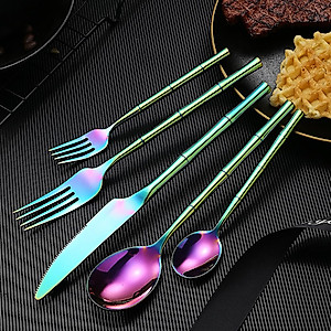 30 Piece Bamboo Shaped Flatware Set Service for 6, 18/10 Stainless Steel Rainbow Bamboo Handle Silverware Cutlery Set For Home Kitchen Hotel Utensils, Mirror Polished, Dishwasher Safe