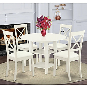 East West Furniture SUBO5-LWH-LC 5 Piece Dining Set Includes a Round Dining Table with Dropleaf & Shelves and 4 Faux Leather Kitchen Room Chairs, 42x42 Inch, Linen White