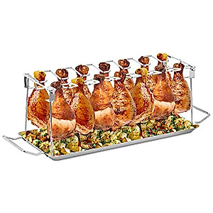 Chicken Leg Rack for Grill with Drip Tray - Easy to Use 14 Slots Chicken Wing Rack - Premium Stainless Steel Chicken Drumstick Rack for Smoker - Chicken Drumstick Holder for Grill Accessories
