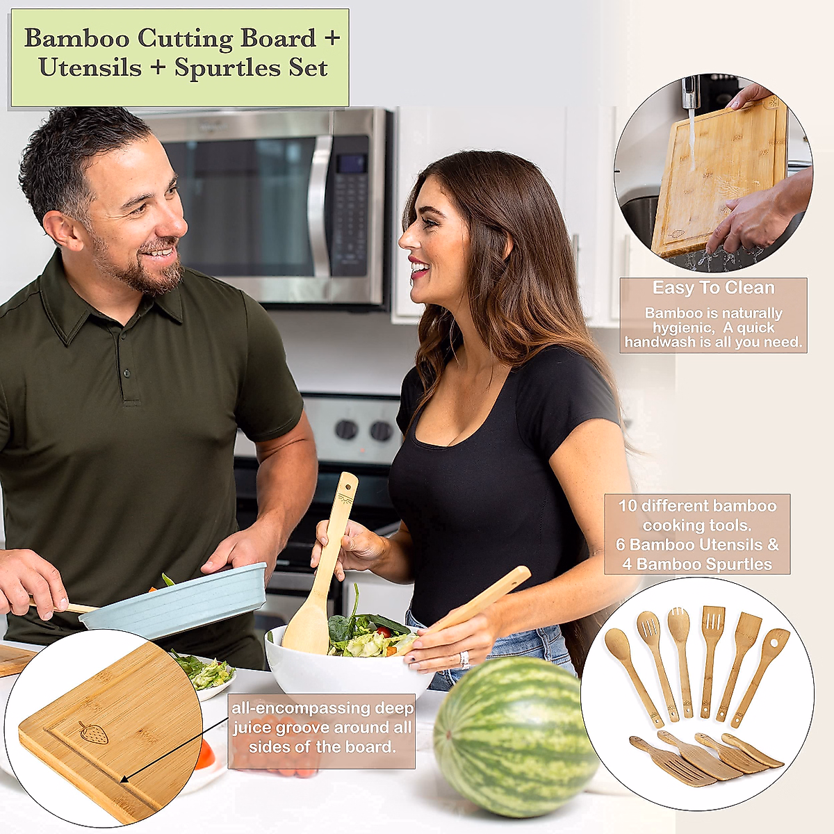 Bamboo Kitchen Utensils and Wooden Spurtle Set with Bamboo Cutting Board! 11pc Gift Pack. 1x Wood Chopping Board, 4x Bamboo Spurtles, 6x Bamboo Utensils Set. 15x10" Large Cutting Board Set SOL LIBRA