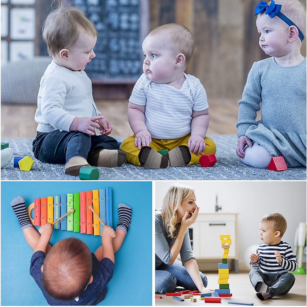 Baby Boy Socks, 12 Pairs Non Slip Toddler Socks Cotton Grip Socks Toddler Socks with Grippers for Baby Boy Infant