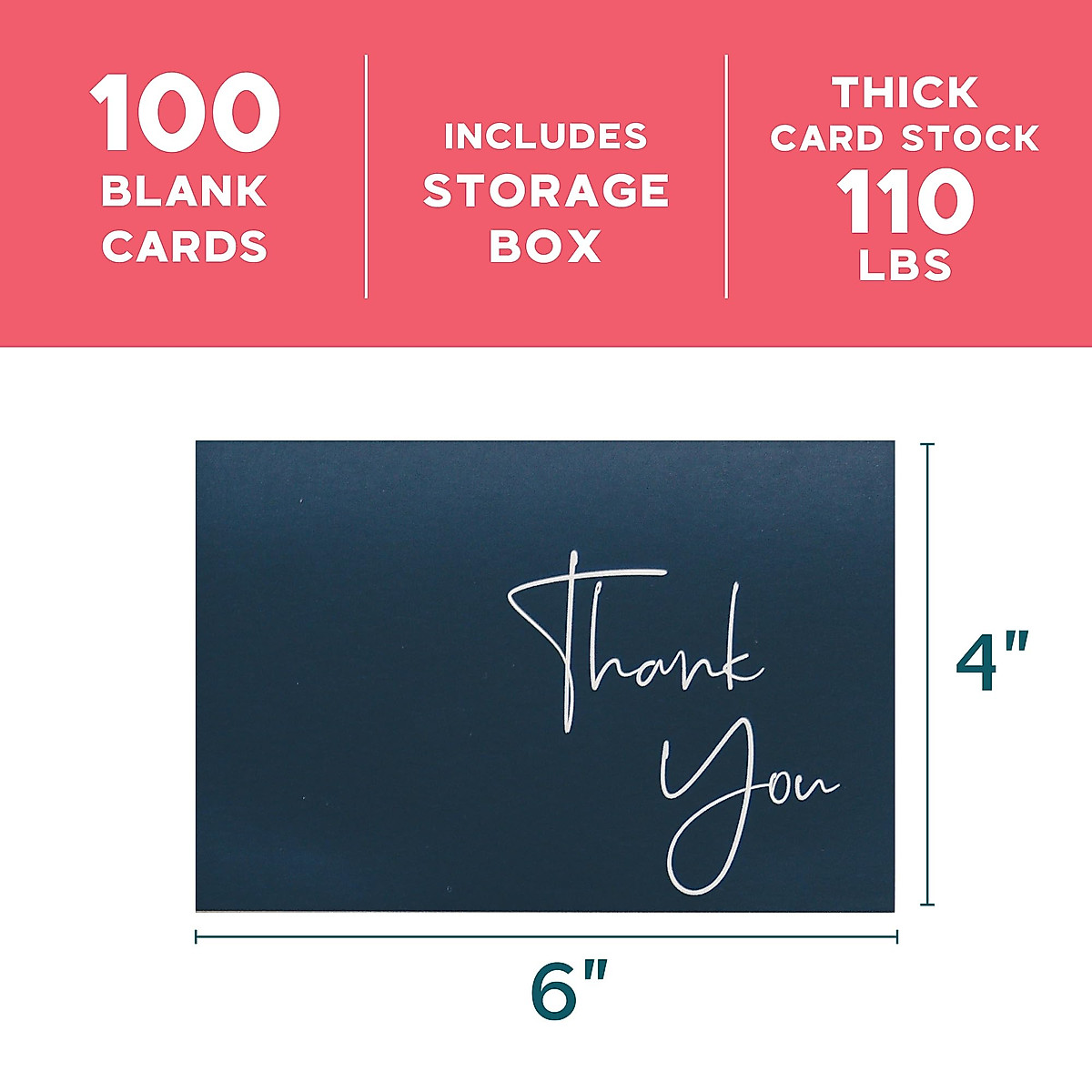 100 Navy Blue Thank You Cards with Envelopes & Stickers | Classy Thank You Notes Bulk Box Set | Large Professional Looking 4” x 6" Cards Perfect for Business, Graduation, Baby Shower & Wedding