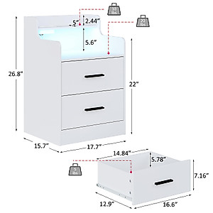 Nightstand with 2 Drawers, Nightstand Set of 2 with Led Light& Power Strip,15.7''Lx17.7''Wx26.8‘’H Night Stand for Bedroom,Bed Side Table with Charging Station,White
