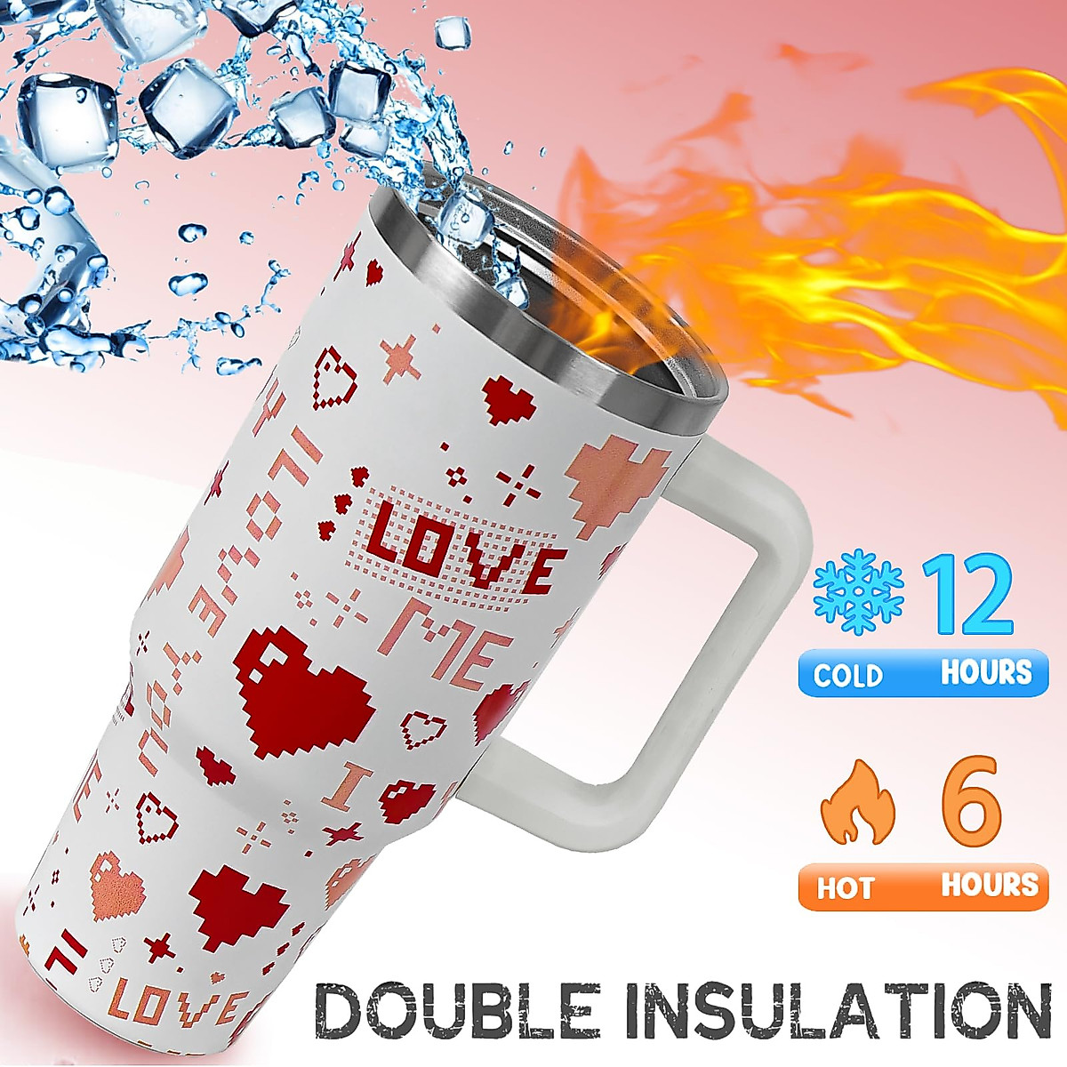 Nqhsionv Valentines Tumbler with Handle 40 oz 5D Pixel Style Love Hearts Coffee Travel Mug Stainless Steel Insulated Cup Valentines Anniversary Wedding Birthday Gifts for Women