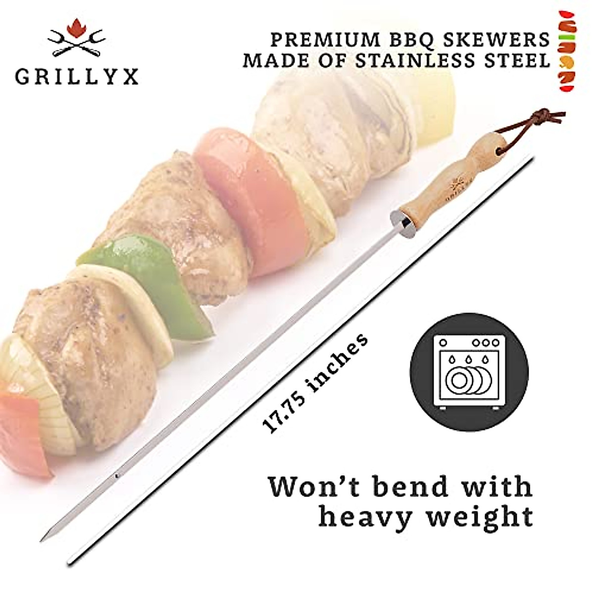 Grillyx Skewers - Premium BBQ Skewers - Skewers for Kabobs - Pack of 10 - Stainless Steel - Ideal for Grilling - shishkabob Skewers - Metal skewers