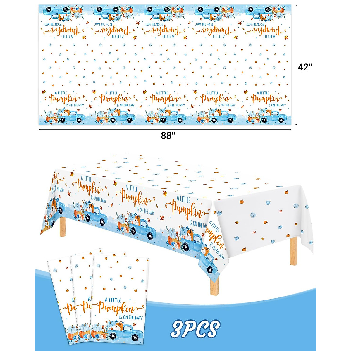 Nefelibata 3Pcs Blue Pumpkin Baby Shower Tablecloths A Little Pumpkin is On The Way Plastic Table Cover Party Supplies for Fall Halloween Thanksgiving Boy Baby Shower Party Decor