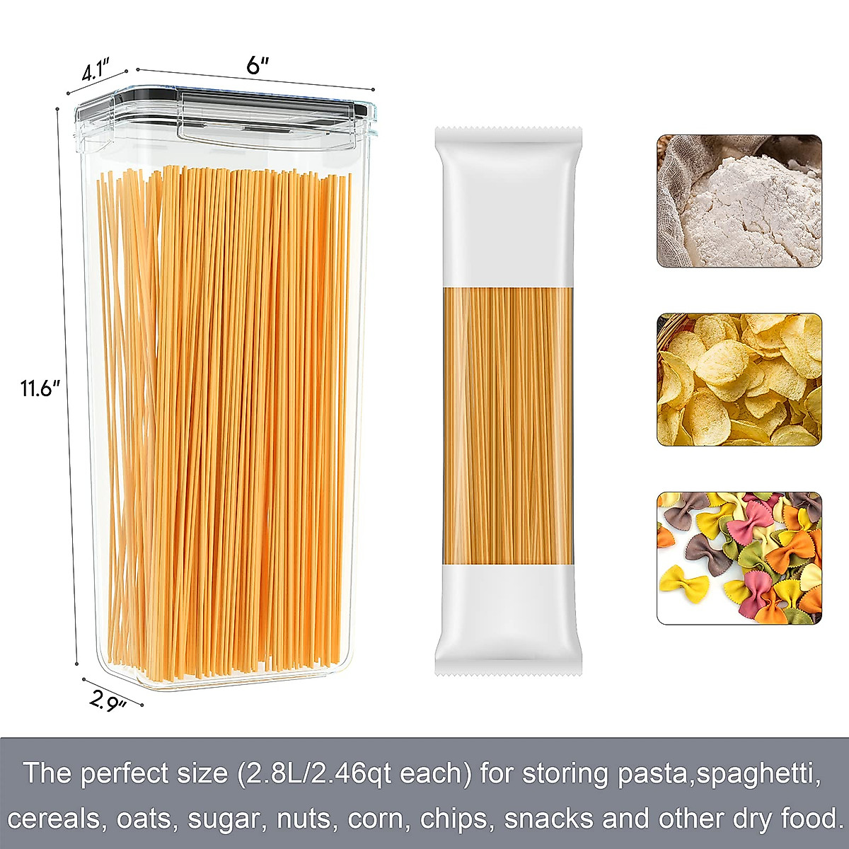 Pasta Containers, 2 Pk 2.8L Airtight Food Storage Containers, Spaghetti Containers for Pantry Organization and Storage, Kitchen Storage Containers for Noodles, Plastic Canisters with Durable Lids