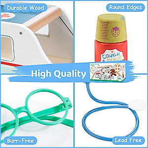 Wooden Doctor Kit for Kids, 37pcs Pretend Play Medical Kit with Ambulance Toy & Plush Bear, Imagination Doctor Role Play Set for Boys Girls Age 3 4 5 6 7