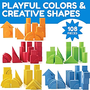 JaxoJoy Foam Building Blocks for Kids - 108-Piece Soft Foam Blocks for Toddlers - Large, Stackable, Educational STEM Toys - Soft Blocks for Indoor or Outdoor Play - Foam Shapes for Boys and Girls