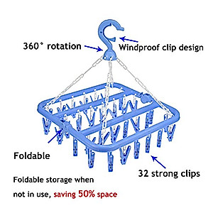 Laundry Hangers with 32 Clips,Clothespin Rack Foldable Laundry Drying Rack Drip Hanger for Drying Socks,Bras,Towel,Underwear,Hat,Scarf,Pants,Baby Clothes,Cloth Diapers,Gloves (Blue)