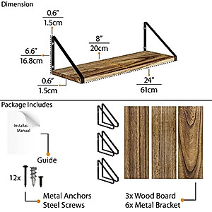 Wallniture Ponza Wood Floating Shelves for Wall Storage, 24" Rustic Wall Shelves for Living Room, Kitchen, Bedroom, Bathroom Decor, Burnt Finish Wall Shelf Set of 3