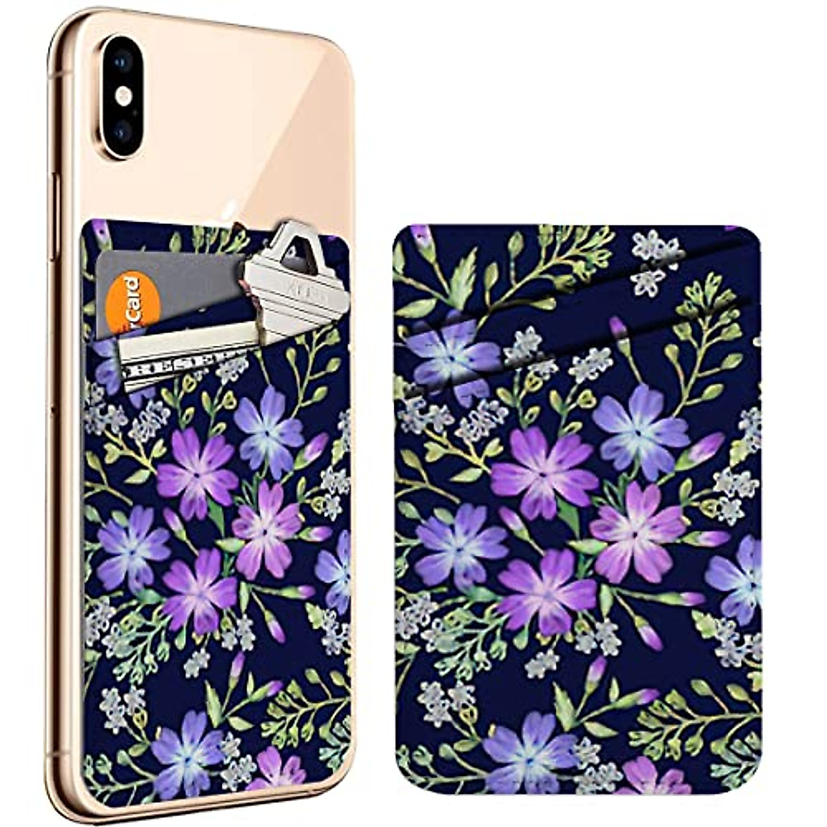 Diascia Pack of 2 - Cellphone Stick on Leather Cardholder ( Beautiful Purple Flowers Pattern Pattern ) ID Credit Card Pouch Wallet Pocket Sleeve