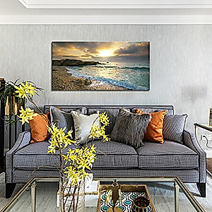 Canvas Wall Art Sunset Beach Blue Waves Ocean Art Large Modern Artwork Canvas Prints Contemporary Pictures Framed Ready to Hang for Home Decoration