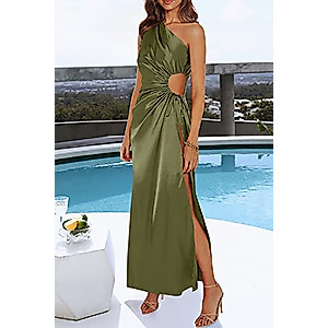 PRETTYGARDEN Women's 2023 Summer One Shoulder Satin Dress Cutout High Split Cocktail Wedding Guest Maxi Dresses (Dark Army Green,Medium)