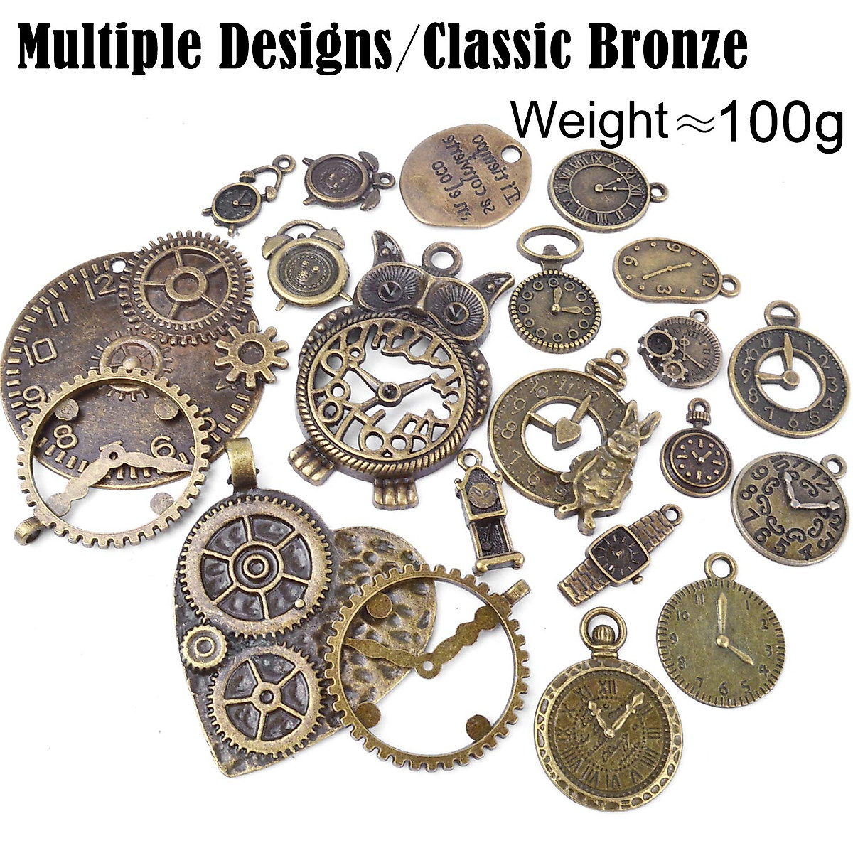 BronaGrand 100 Grams(Approx 38 Pieces) Mixed Clock Face Charms Steampunk Pendants Watch Charms for Bracelets, Necklaces, Jewelry and Crafts Making, Antique Bronze