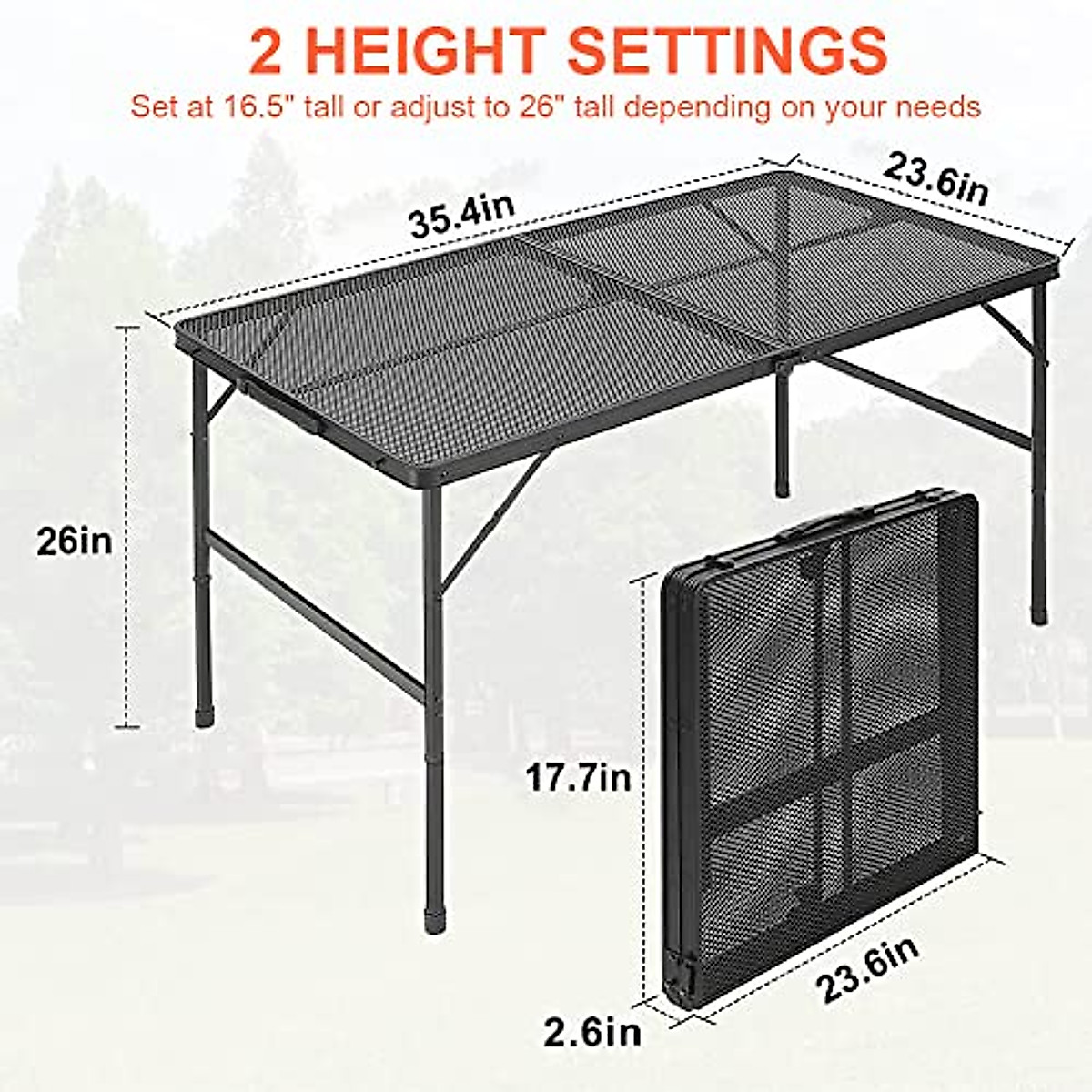 MIGOSEN Outdoor Picnic Folding Camping Table，Folding Grill Table with Mesh Desktop,Adjustable Height Collapsible Table for Picnic,Camping,BBQ (23.6" W x 35.4" L x 26" H)