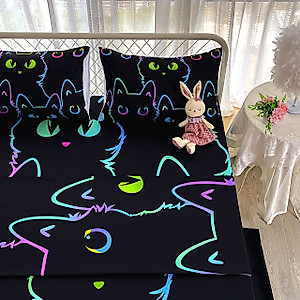 BailiPromise Cute Cartoon Cat Sheets Set Twin Size,Kawaii Simple Strokes Animals Kids Bed Sheets with Pillowcase,Cot Sheets Fitted Sheet with 16" Deep Pocket,for Girls Boys Teen Bedding 4 Piece Set