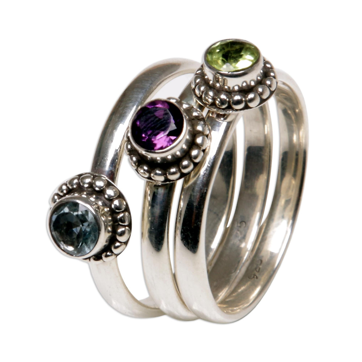 NOVICA Artisan Handmade Multigemstone Stacking Rings Sterling Silver Set of 3 Amethyst Blue Topaz Peridot Green Purple Multicolor Indonesia Modern Birthstone [crownbezel 0.2 in H x 0.2 in Diam. Band ]