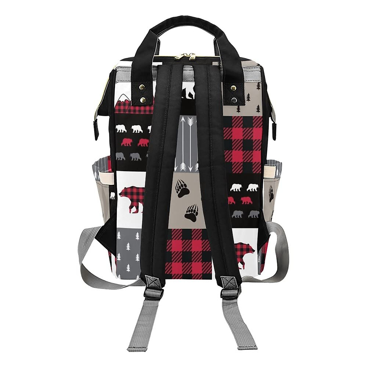 Plaid Bears Mountains Black Personalized Diaper Backpack with Name,Custom Travel DayPack for Nappy Mommy Nursing Baby Bag One Size