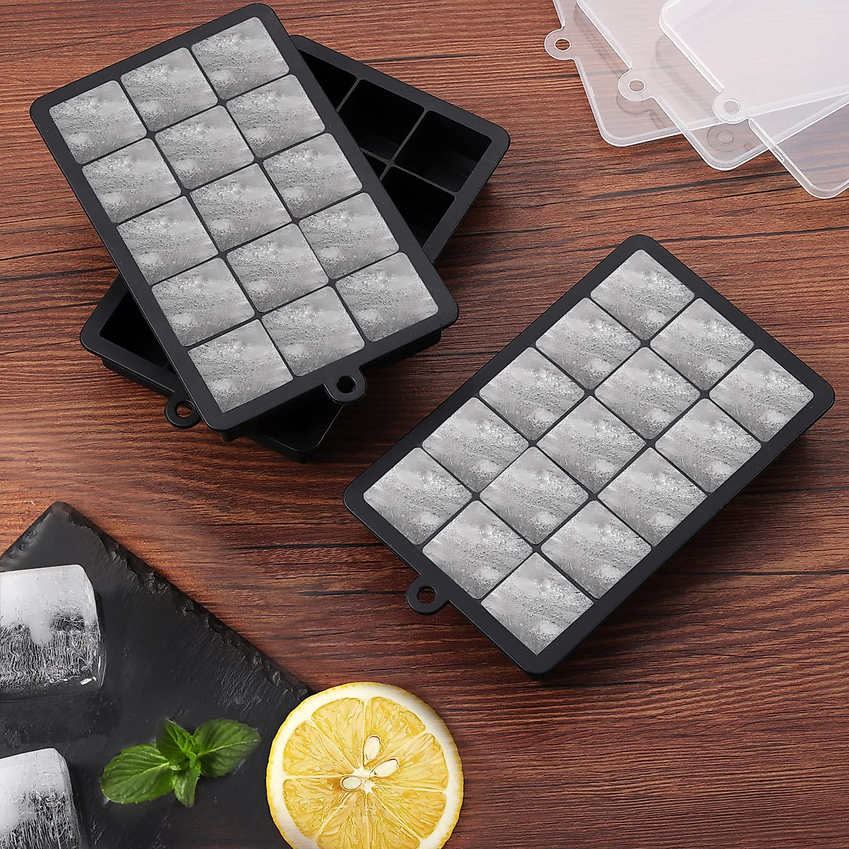Silicone Ice Cube Trays with Lid,Sinnsally Large 3 Pack Silicone Baby Food Freezer Tray,15 Big Square Block Ice Cube Molds for Freezer Containers,Reusable Ice Maker for Cocktails,Whiskey(Black)