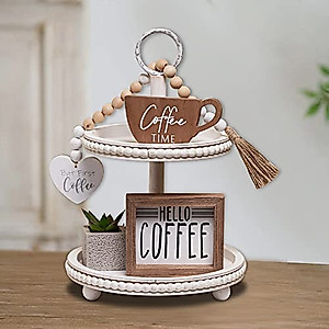 GenMous Farmhouse Coffee Bar Decor, Beaded 2 Tiered Tray with 4pcs Tiered Tray Decor for Farmhouse Home Decor, Two Tiered Decorative Trays for Coffee Counter, Party Decorations, Kitchen Table Décor