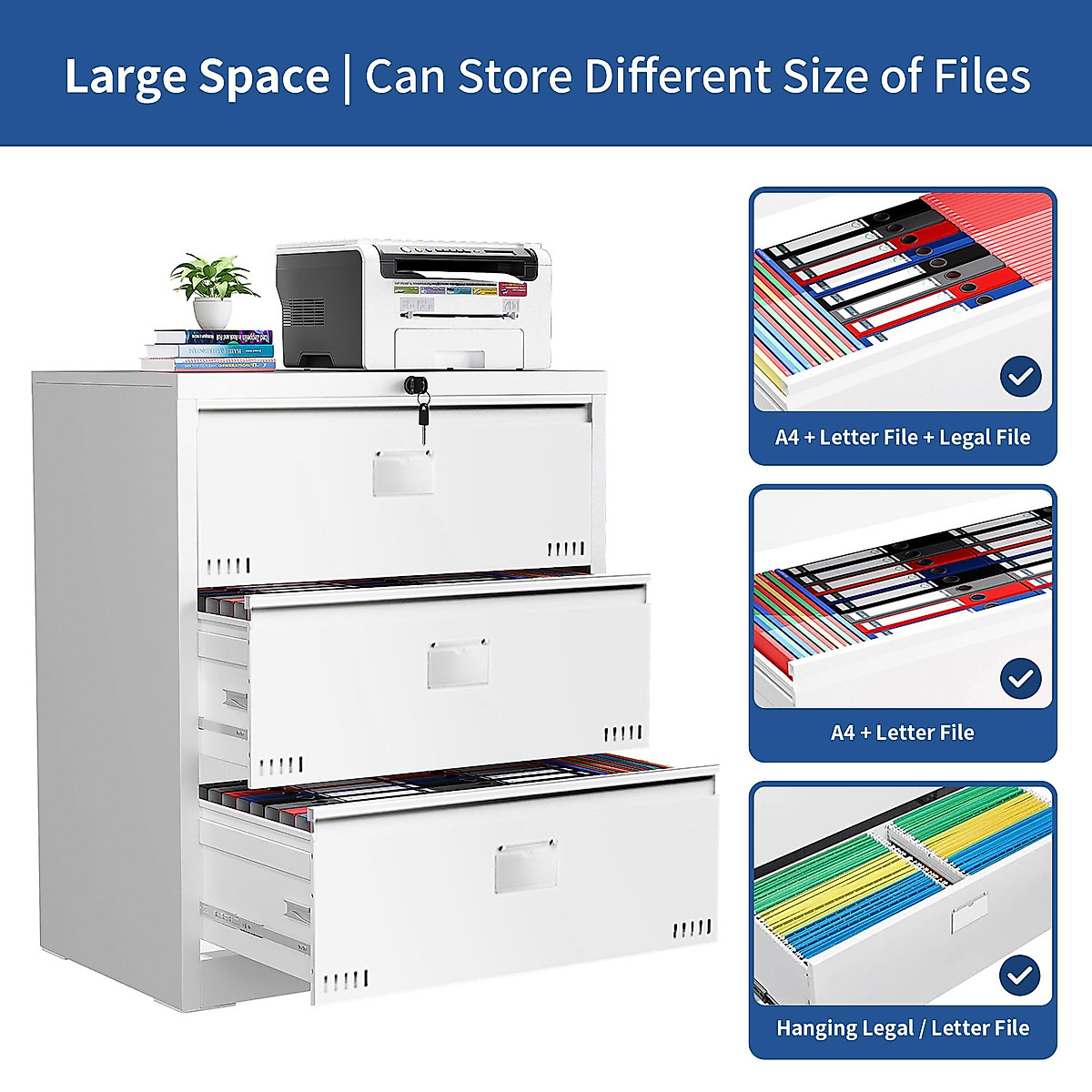 Lateral File Cabinet 4 Drawer Metal Filing Cabinets for Home Office, White File Storage Cabinet with Lock for Letter/Legal A4 Size, Locking Horizontal Filing Cabinet with Card Slot