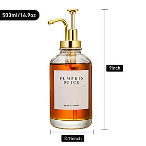 HSIOHE Coffee Syrup Dispenser for Coffee Bar,4 Pack Syrup Dispenser 16.9 oz 500 ml, Glass Syrup Bottle with Gold Upgraded Pump, Coffee Syrup Pump Dispenser, 28 Labels and Large Bamboo Tray