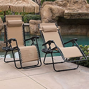 BELLEZE Zero Gravity Chairs Set of 2, Outdoor Adjustable Folding Lawn Chairs Recliner Chairs with Cup Holder Pillow, Lounge Chairs for Patio Camping Garden Beach Pool Side Deck, Beige