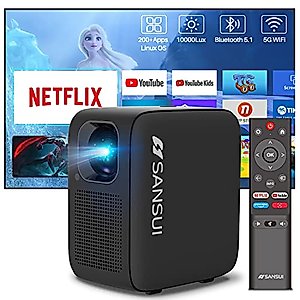 SANSUI Portable Projector with WiFi and Bluetooth, 1080P Smart Projector Netflix-Licensed,10000 Lumens,Auto Keystone Correction,Hi-Fi Audio HDR 10 for Home Theatre Outdoor Movies
