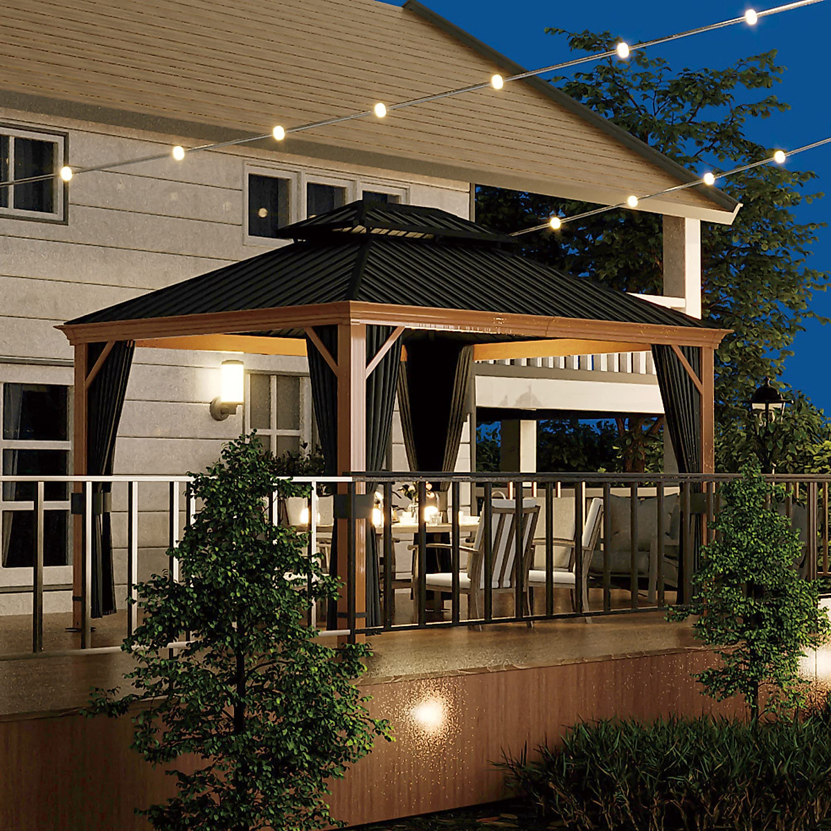 HAPPATIO 10' x 12' Hardtop Gazebo, Outdoor Wood Grain Frame Aluminum Gazebo, Double Roof Permanent Patio Gazebo Canopy with Netting and Curtains for Garden, Patio, Lawns, Parties (Grey)