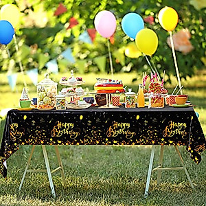 TURSTIN 2 Pack Happy Birthday Tablecloths Black Gold Plastic Table Cloth Rectangular 54 x 108 Inch Party Table Covers for Parties, Birthday, Anniversary Decorations