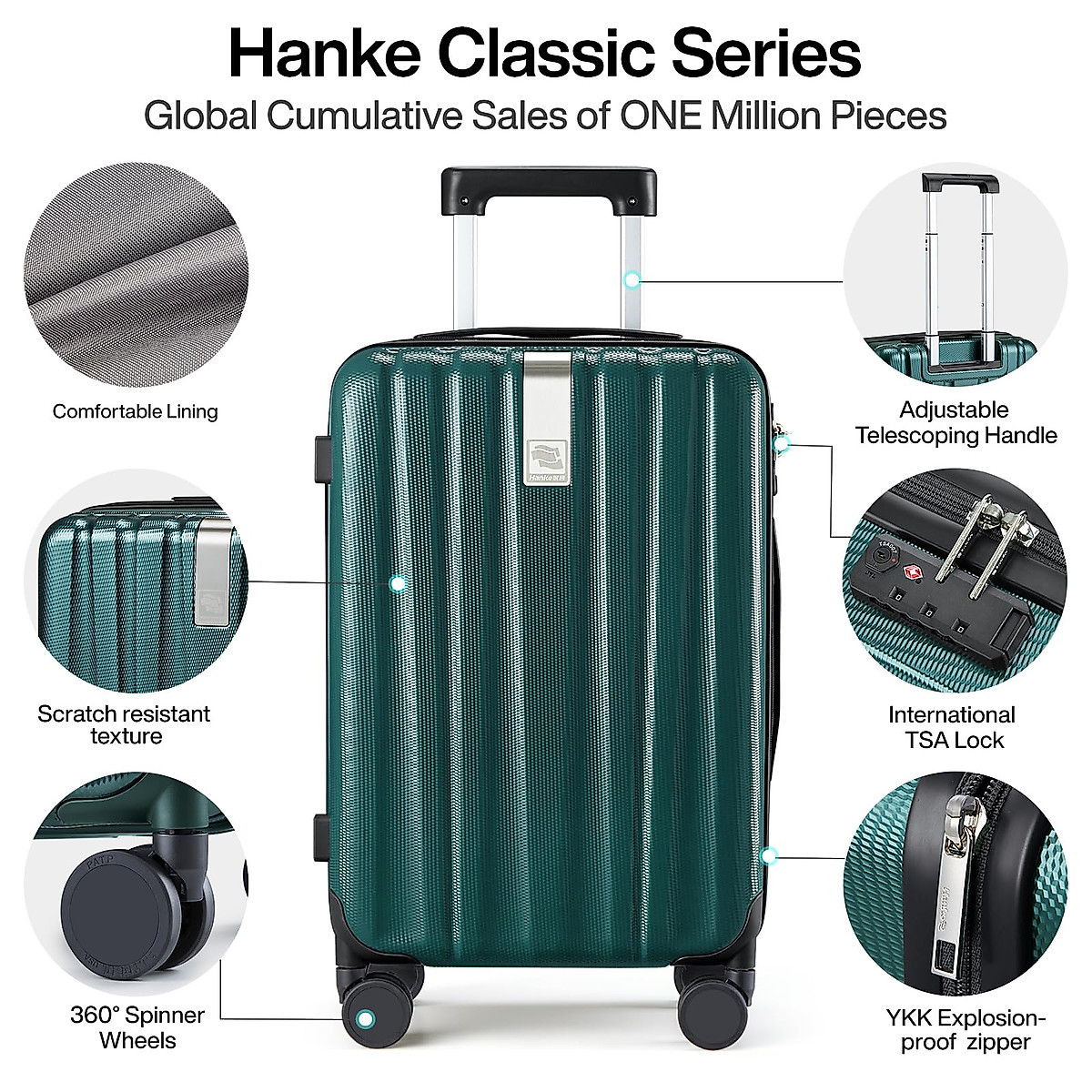 Hanke 20 Inch Carry On Luggage 22x14x9 Airline Approved Lightweight PC Hard Shell Suitcases with Wheels Travel Luggage Rolling Suitcase Travel Luggage Bag for Weekender(Blackish Green)