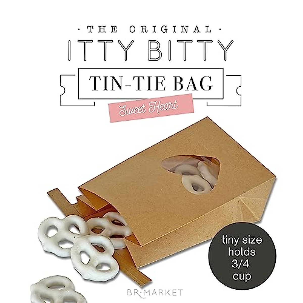BR Market Kraft Paper Treat Bags - Extra Small with Heart Window, 50 Pcs, 3.3 x 5.5 x 2 Inch, Tin Tie Tab Lock, Brown Window, Perfect for Cookies, Coffee, Weddings