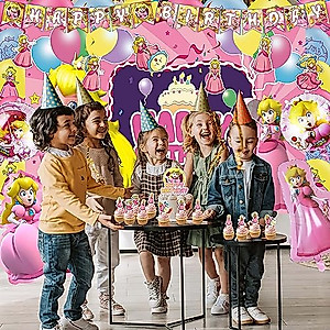 Mario Princess Peach Birthday Party Supplies for Girls, Princess Peach Party Decorations Include Banner, Princess Peach Balloon, Backdrop, Cupcake Toppers for Princess Peach Birthday Decorations
