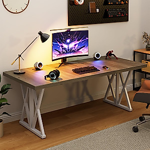 ONBRILL Computer Desk for 1-2 Person, 71 Inch Large Office Executive Desk with Sturdy Metal Base and Wood Countertop, Farmhouse Study Desk Writing Desk Meeting Table for Home and Office, Retro Grey