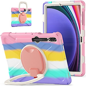360 Rotation Case for Samsung Galaxy Tab S9+ 12.4'' 2023/S8+ /S7+/S7 FE，with Shoulder Strap S Pen Holder Rotatable Kickstand/Handle Rugged Silicone Case(Colorful Pink)
