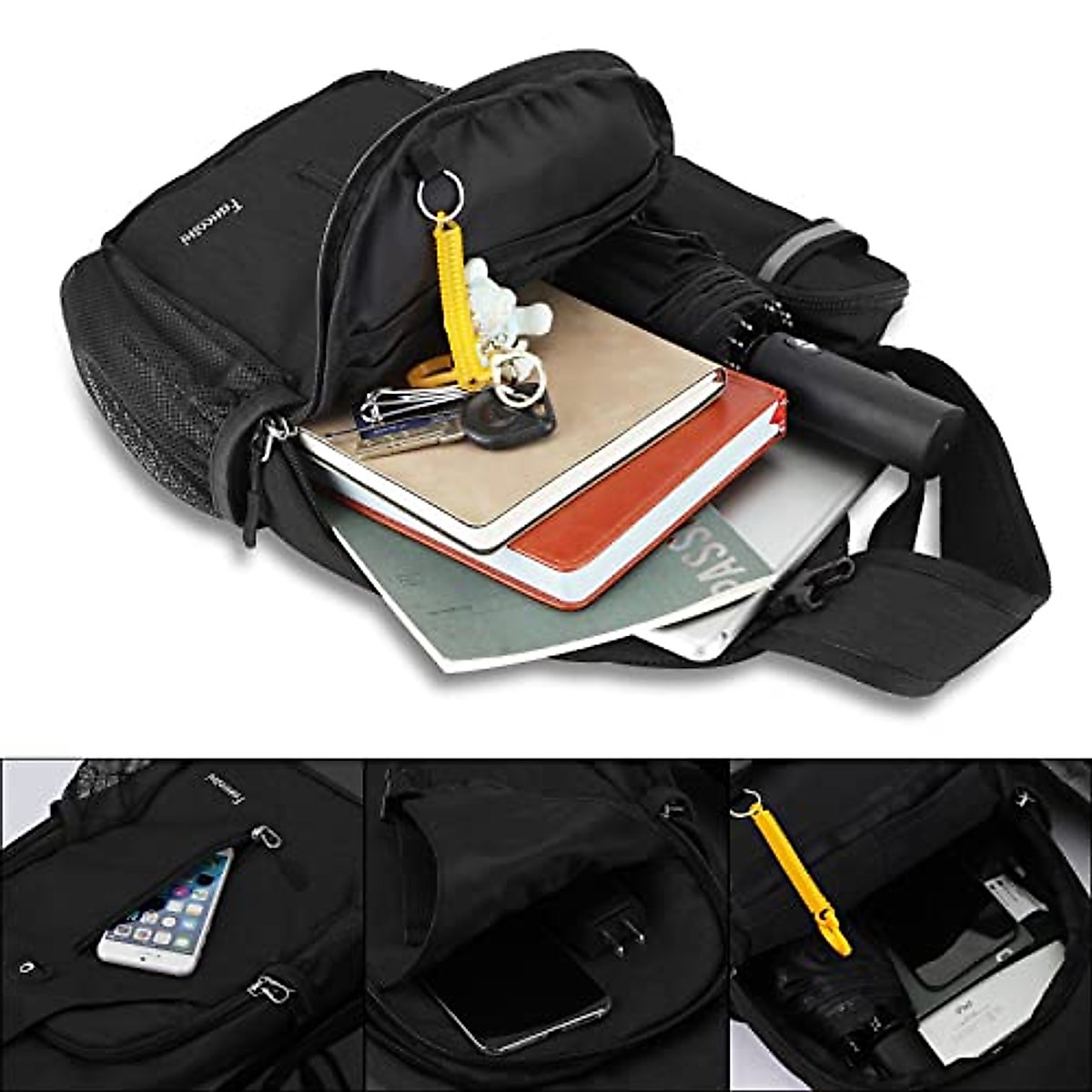 Fancosni Crossbody Sling Bags for Women Men, Black Sling Backpack, Lightweight Shoulder Bag, Multipurpose Sling Bag for Travel, Hiking, Shopping, Walking, Biking, Cycling, Earphone Hole, Chest Bag